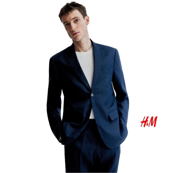 H&M | Suits & Blazers | Hm Mens Slim Fit 0 Blue Linen Suit Jacket 44r ...
